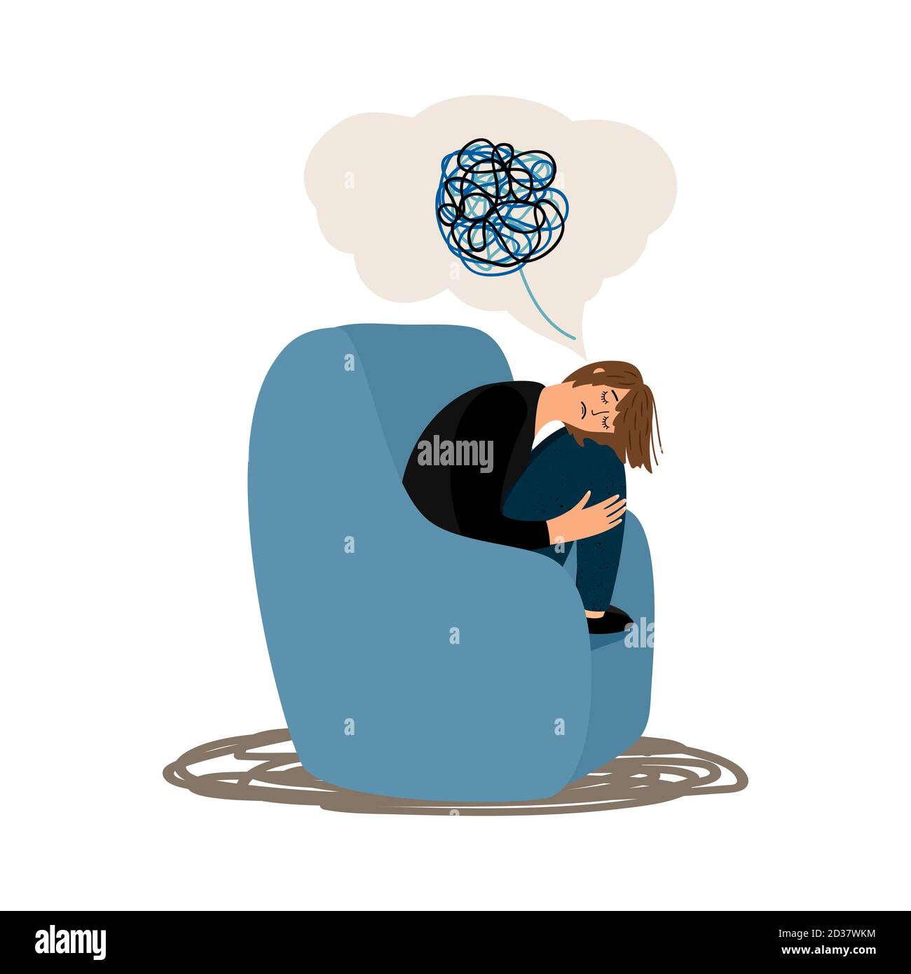 Depressed girl tangled brain vector illustration isolated. Untangle ...