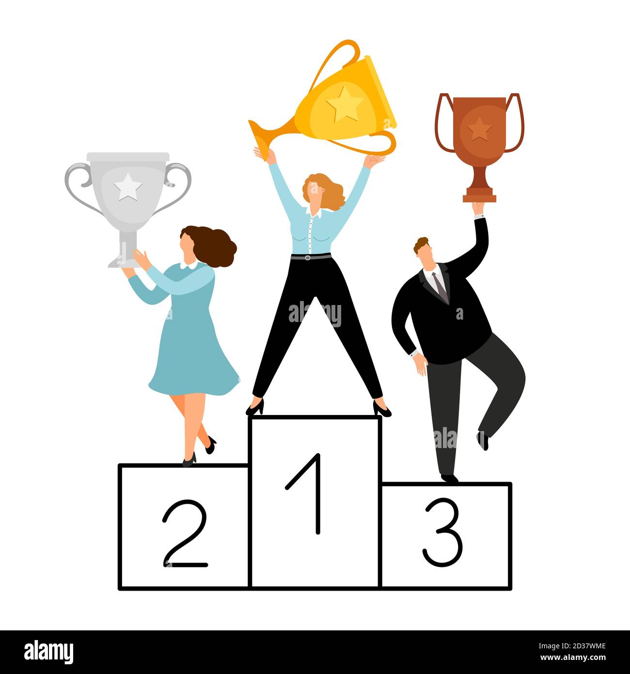 Flat winners characters. Vector business people on pedestal. Male and ...