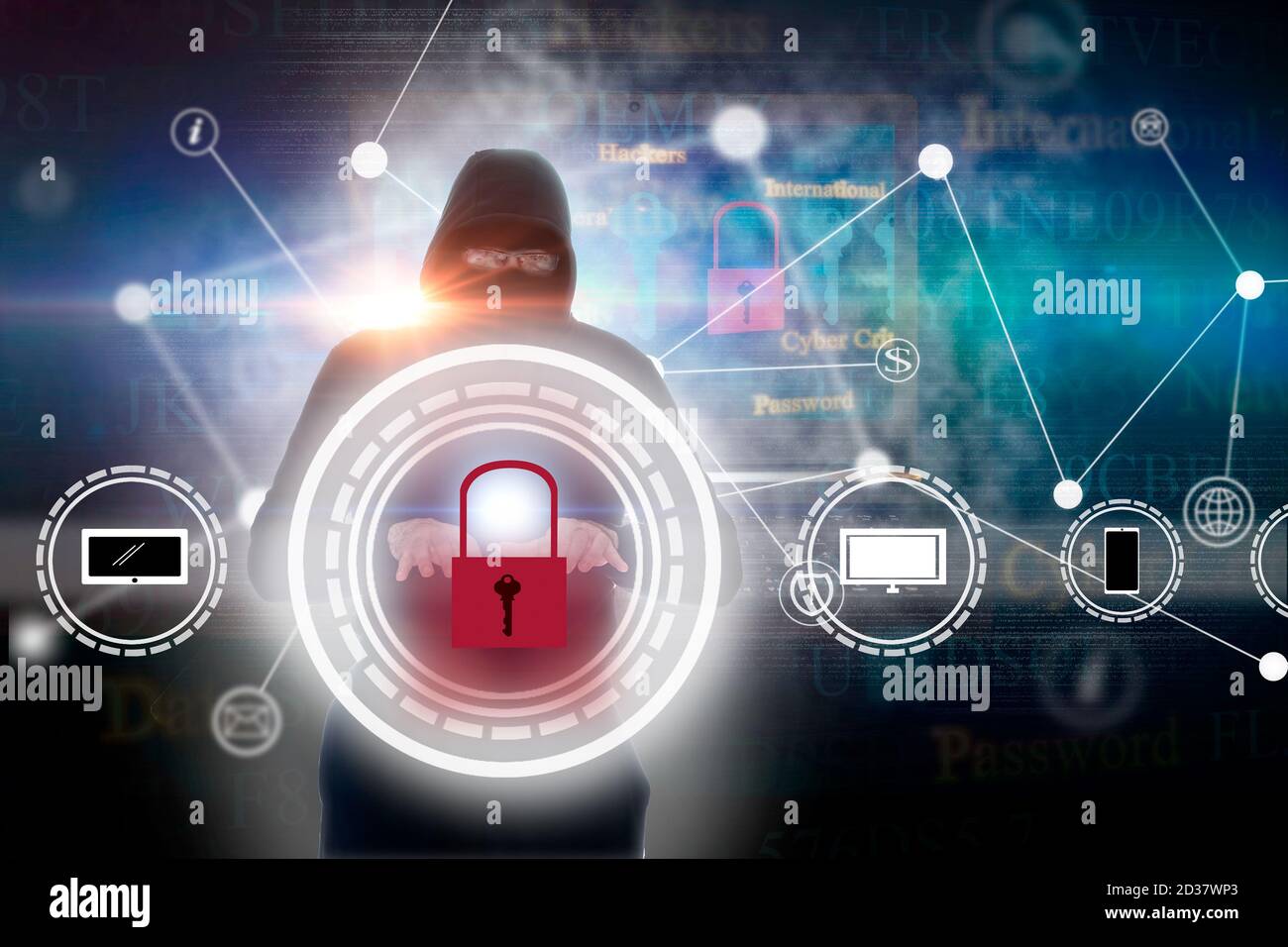 Hacker stealing information. Computer hacking concept. Network security. Computer crimen. Danger ...