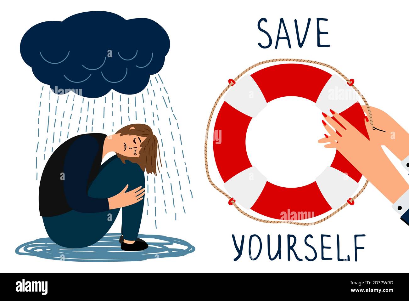Save yourself vector concept. Depressed girl and lifebuoy illustration ...