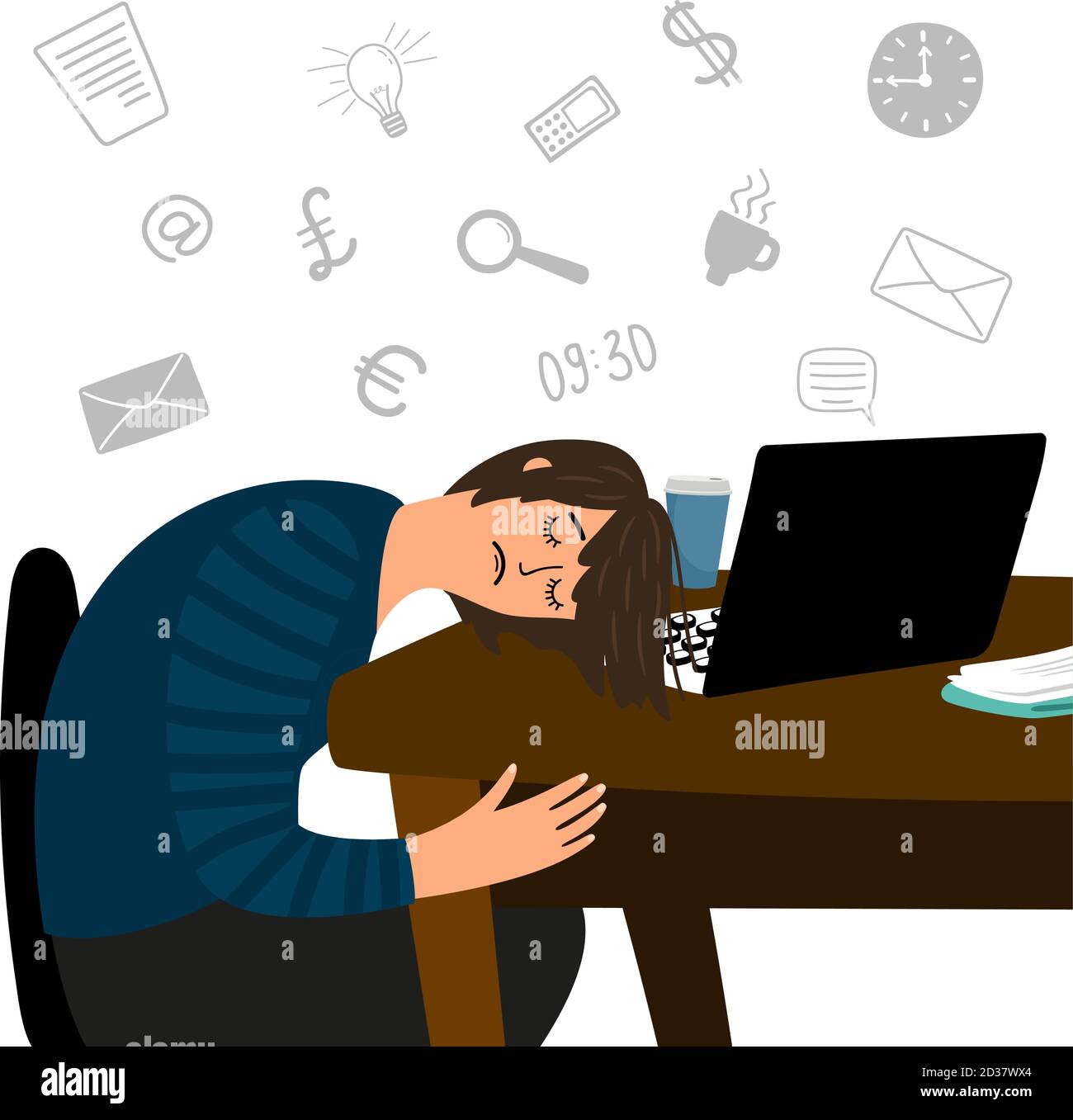 Tired girl fell asleep at the office table vector concept. Illustration ...