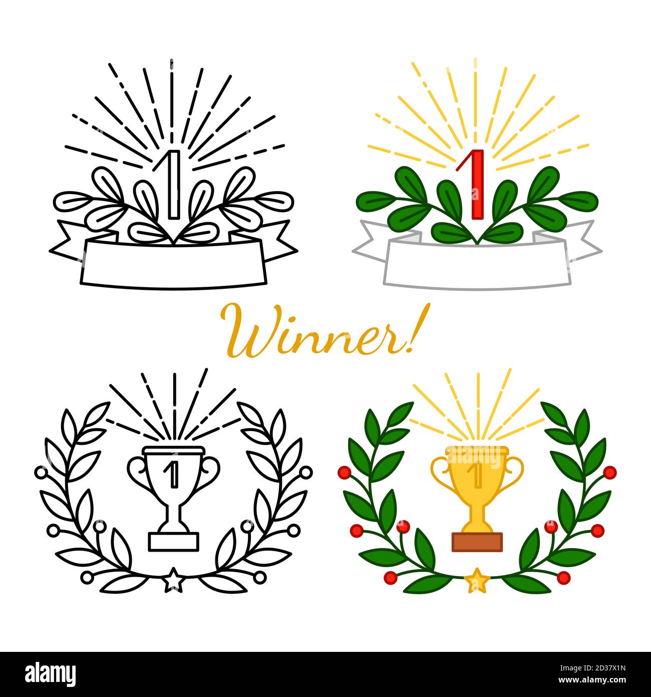 Winner awards with ribbons, wreath, goblet vector set. Number one ...