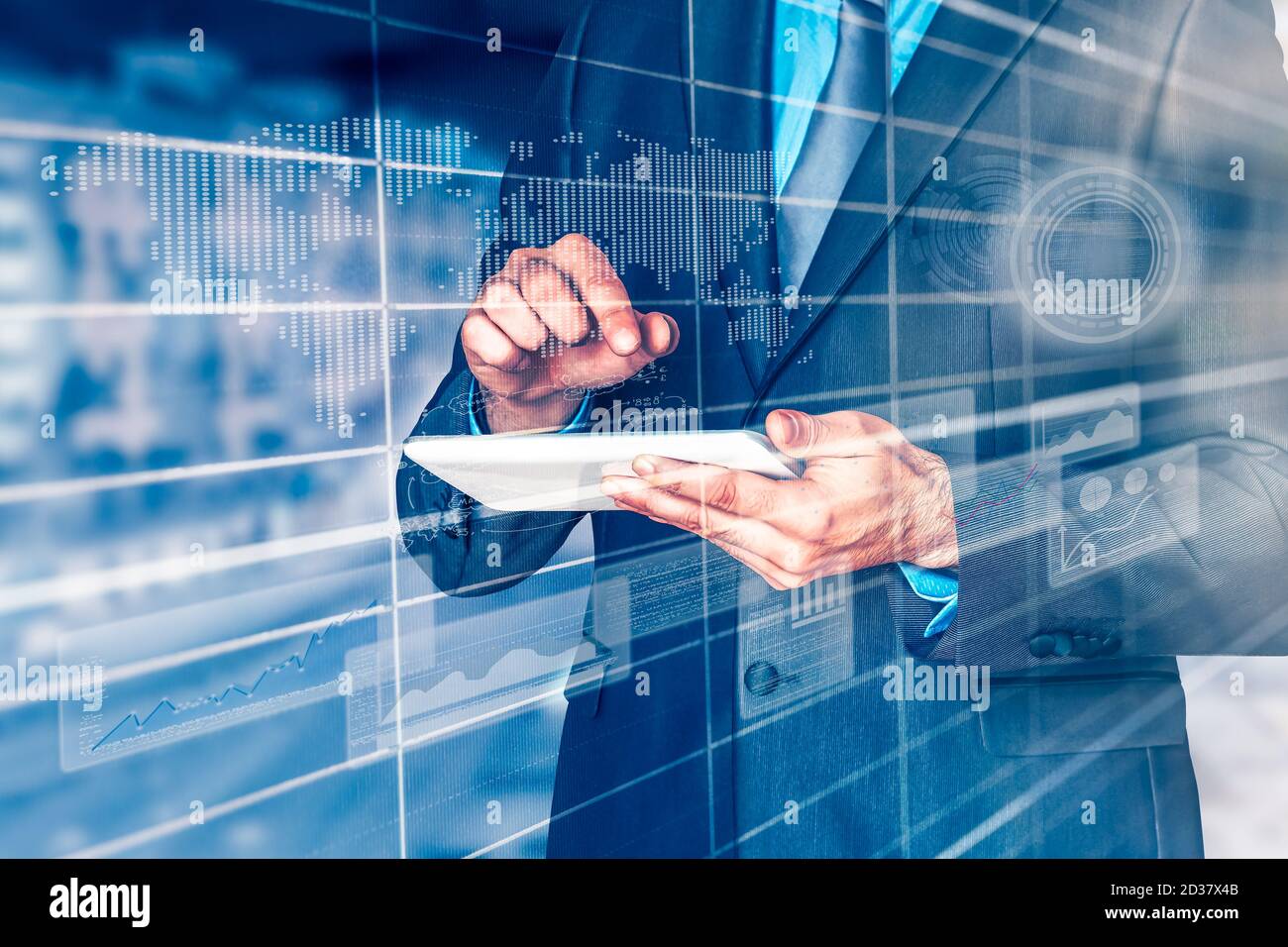 Business man with a tablet with multiple virtual screens. Business ...