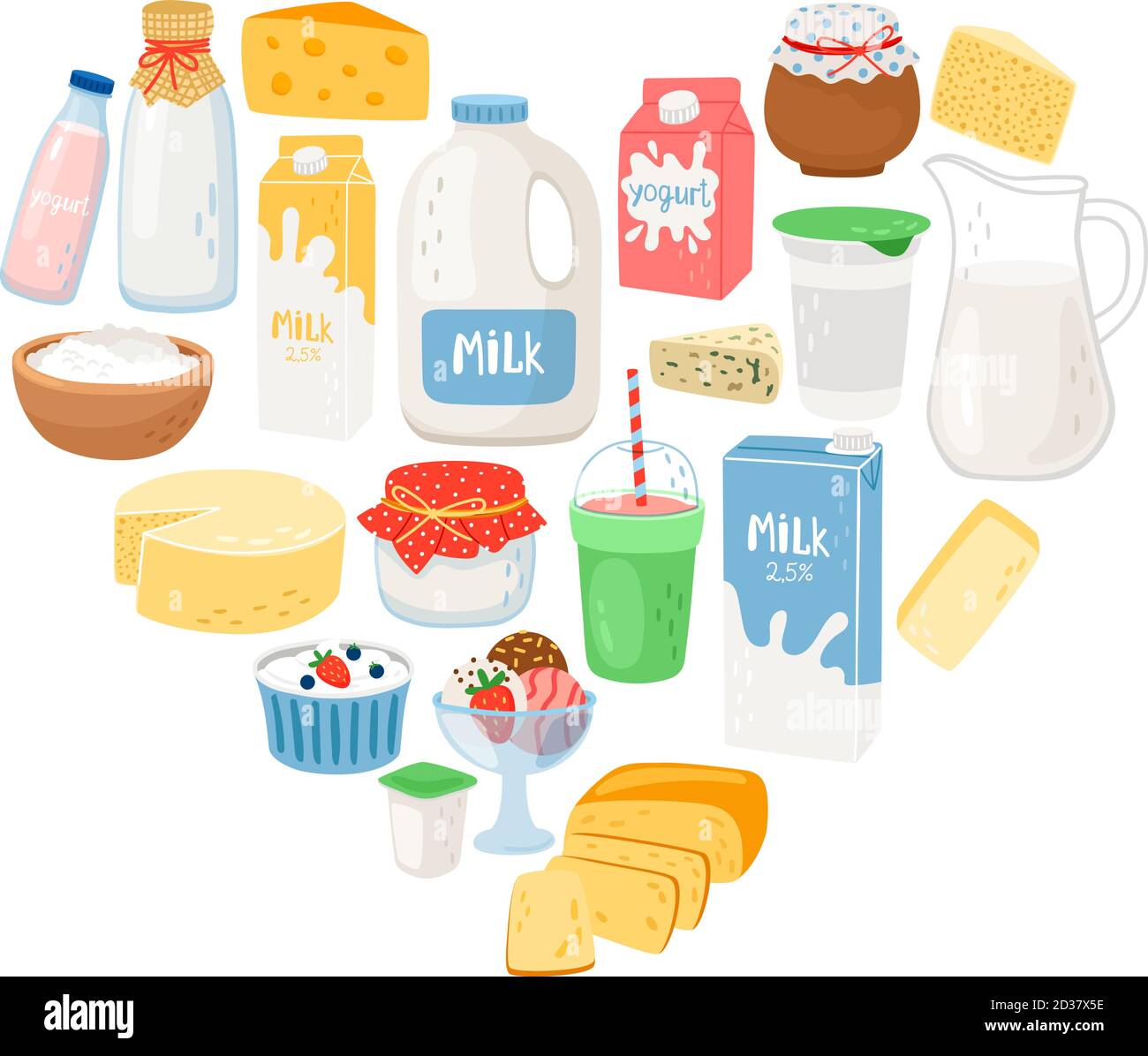 Milk and diary products in heart shape, vector poster with white ...