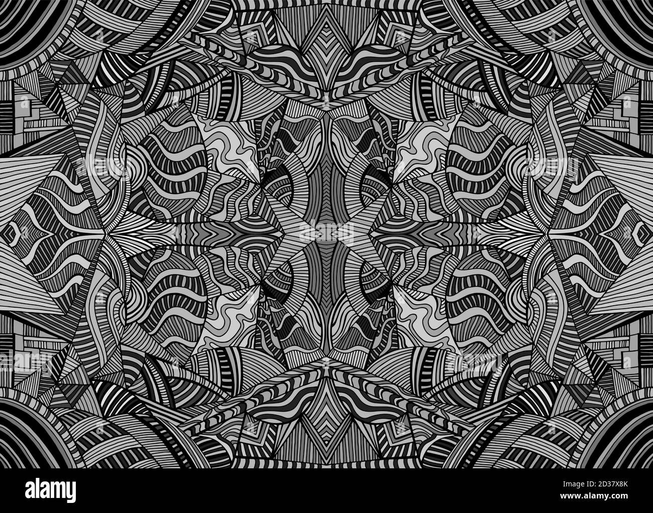 Monochrome psychedelic kaleidoscope background with many crazy ...