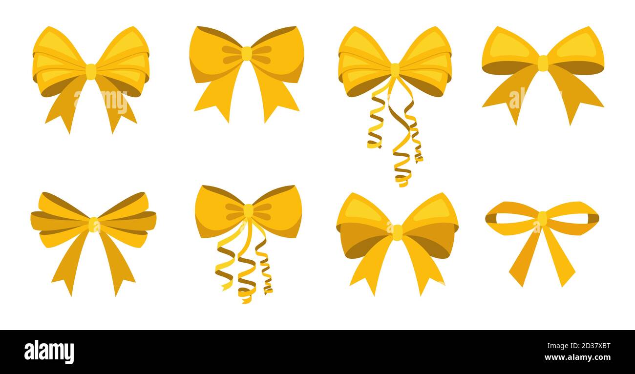 Gold bow set. Cartoon vector yellow ribbons satin bows for xmas gifts ...