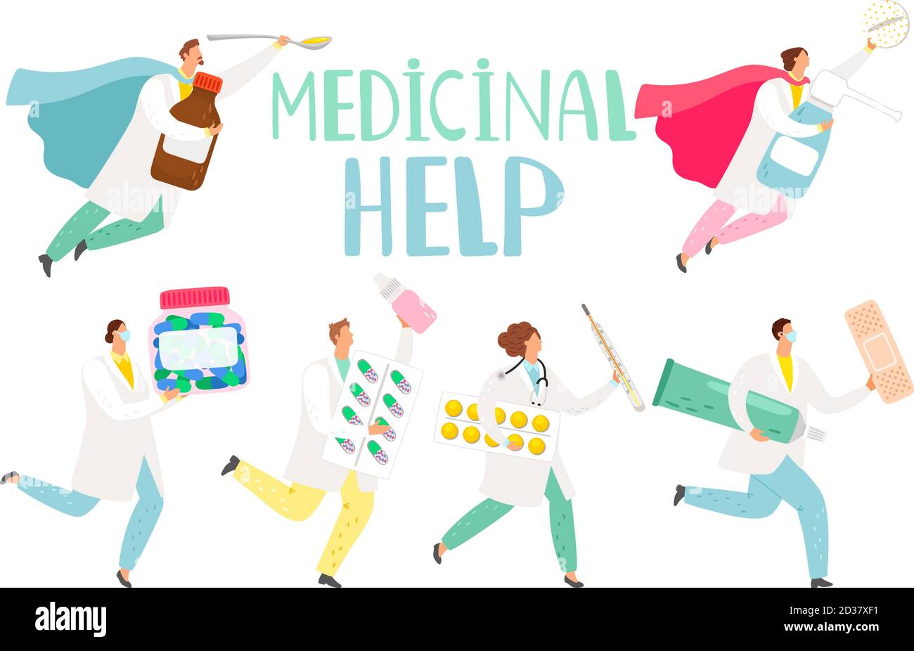 Doctors rescue. Medical workers superheroes with medications and pills ...