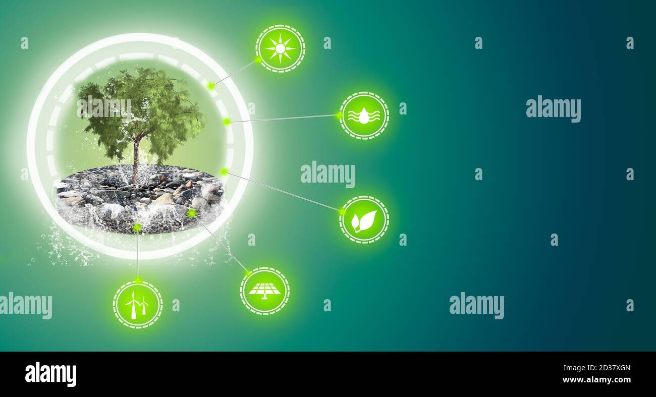 Green tree on rock floor with waterfalls and splashes. Energy ...