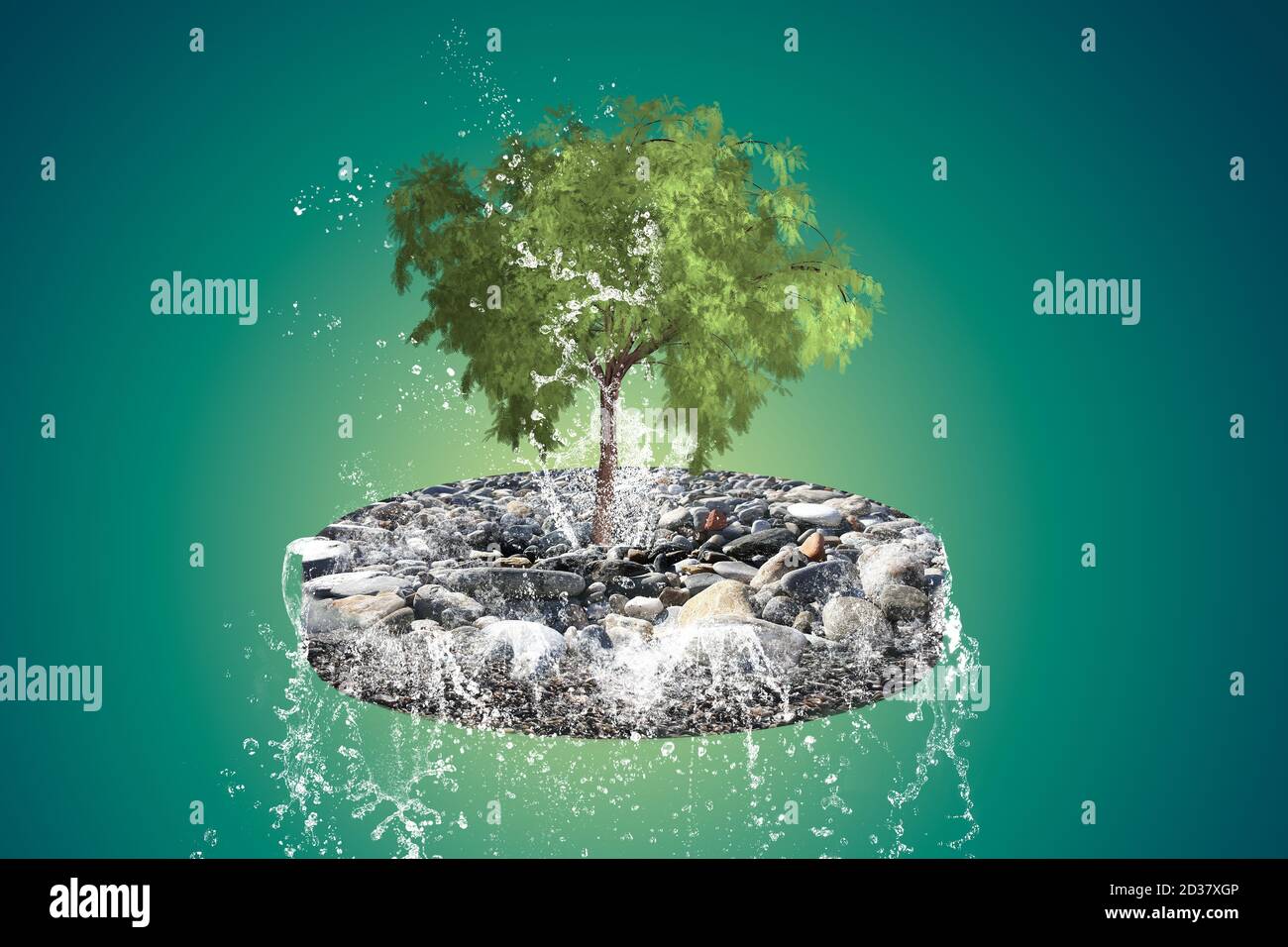 Green tree on rock floor with waterfalls and splashes. Energy ...