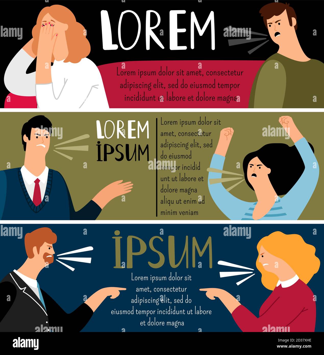 Quarrel relationship. Unhappy angry couple set, cartoon married man and ...