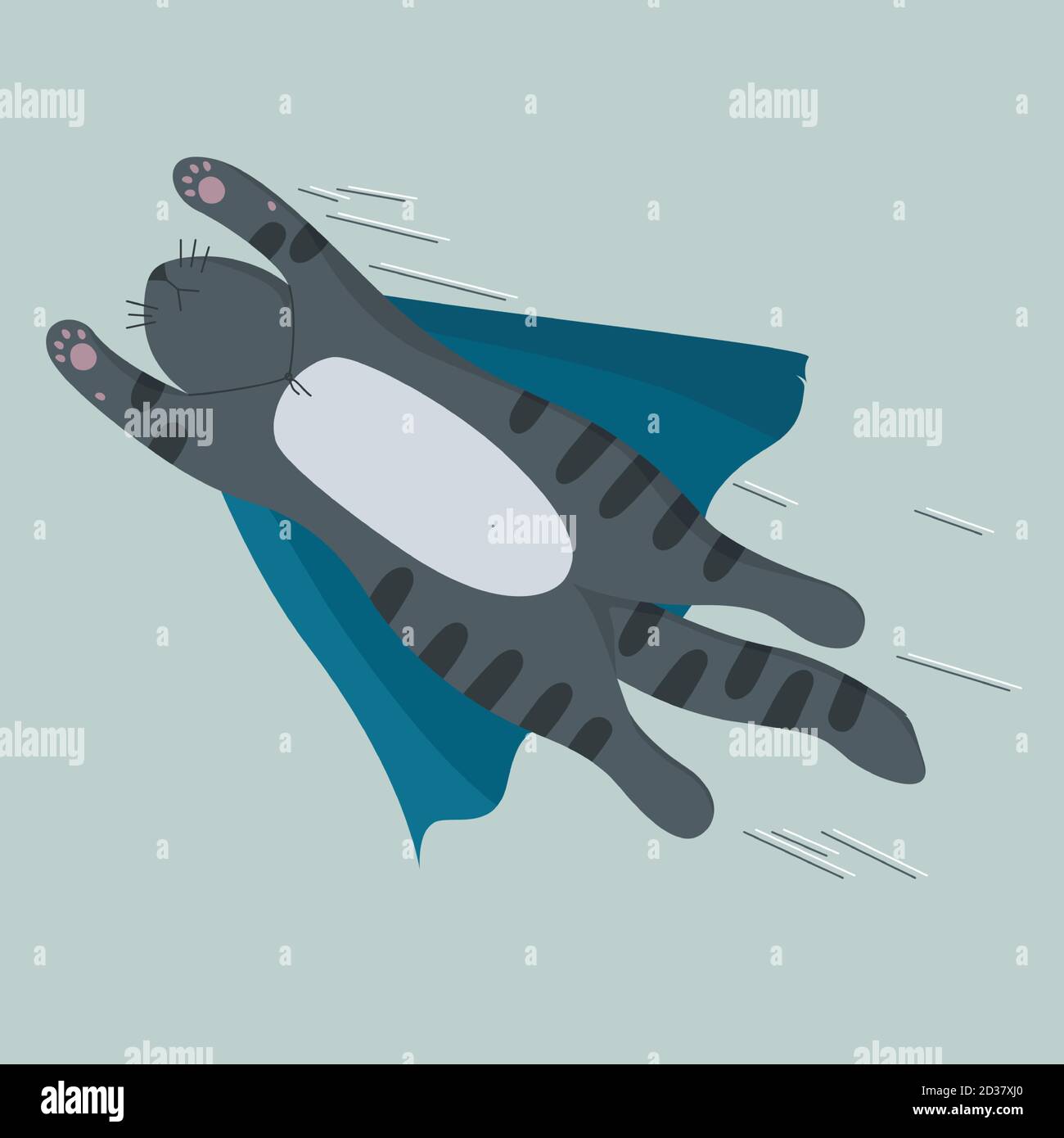 Flying tabby supercat in bright blue cape. Vector in cartoon style ...