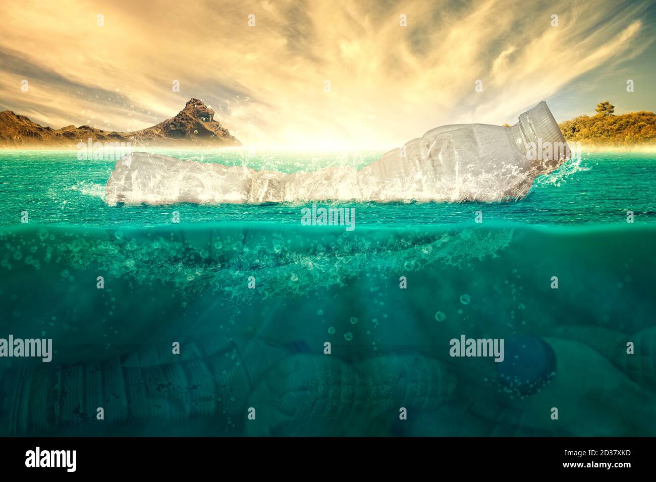 Plastic bottle floating over the sea polluting the ecosystem on a warm ...