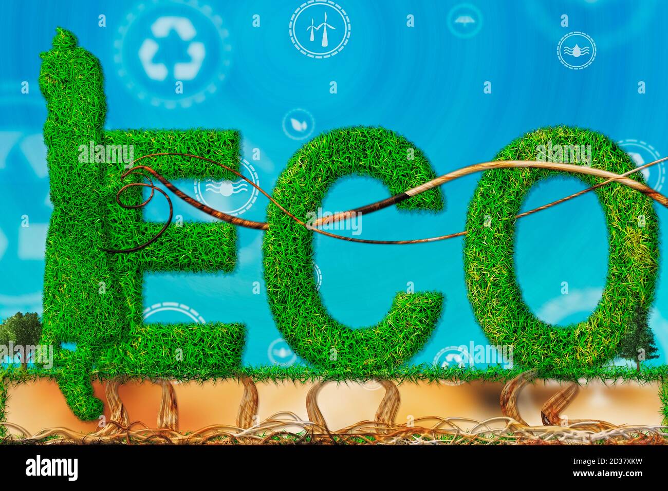 Eco-girl figure with branches and grass with renewable energy symbol ...