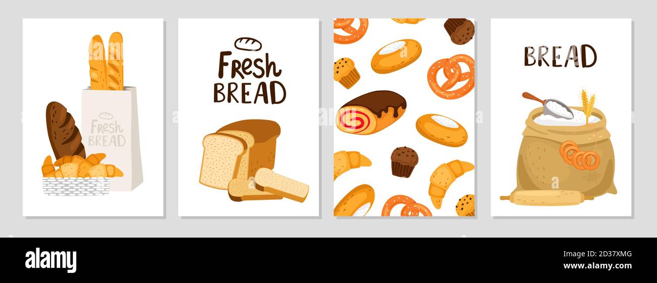 Fresh bread cards. Vector bread, buns, cakes banners template. Bakery ...