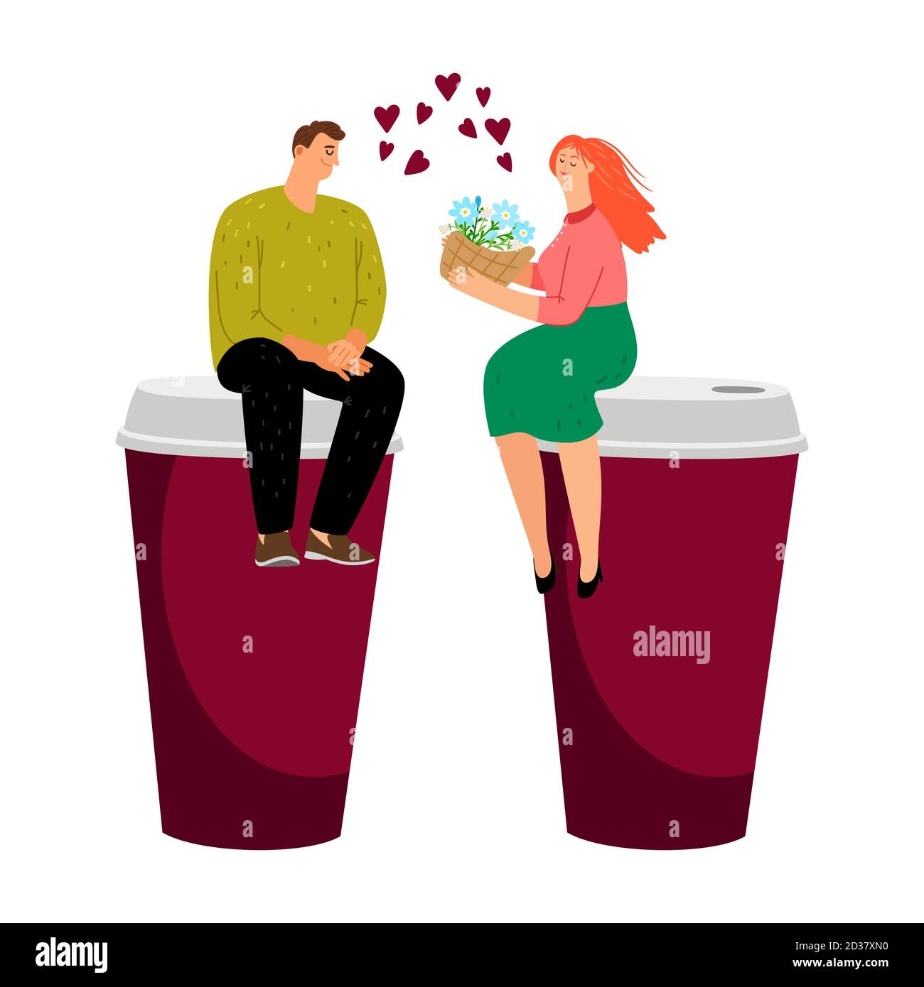 Coffee dating. Couple in love, take away coffee cups. Vector male ...