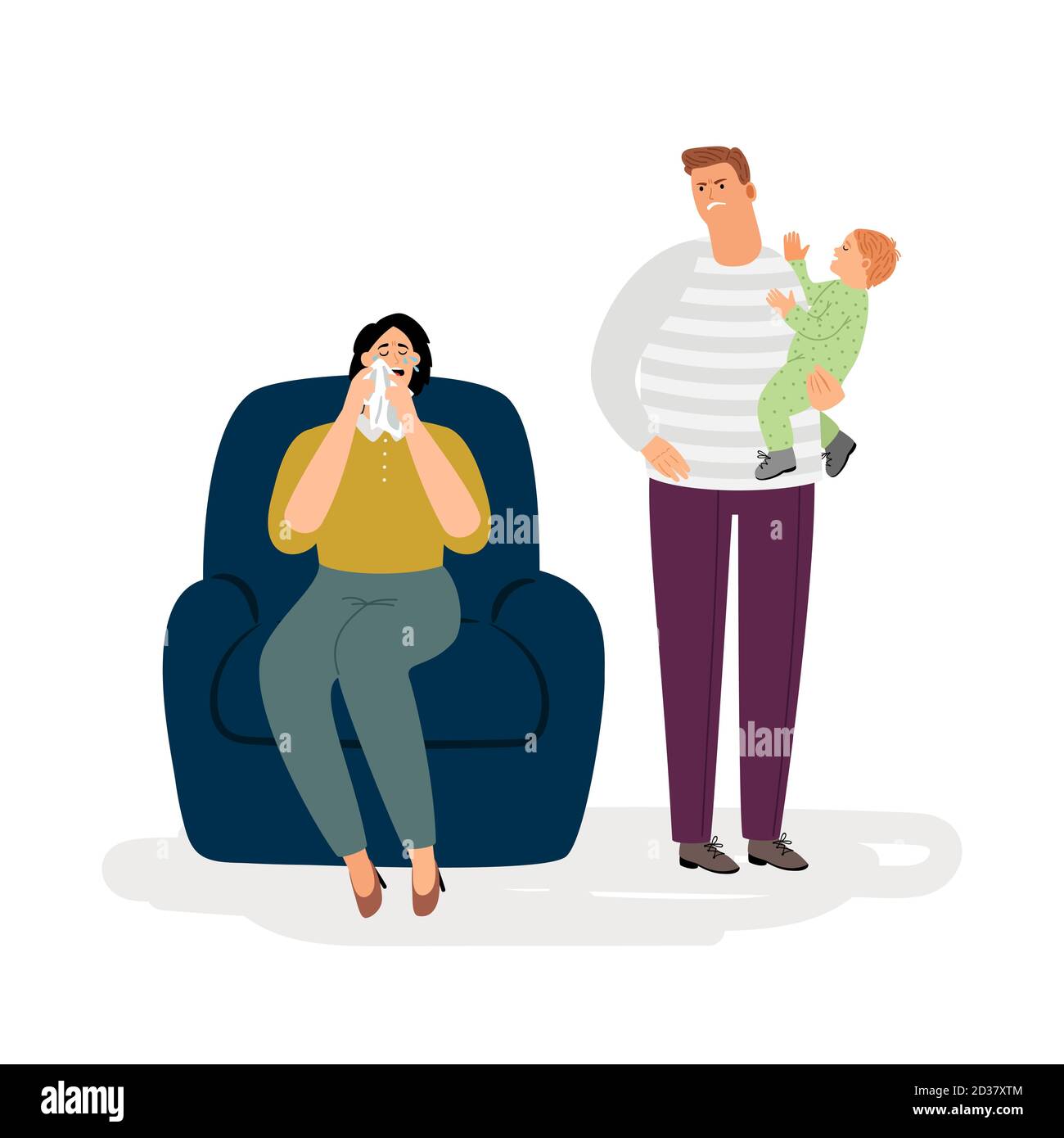 Postpartum depression. Angry man crying woman and baby. Vector ... Postpartum depression. Angry man crying woman and baby. Vector ...