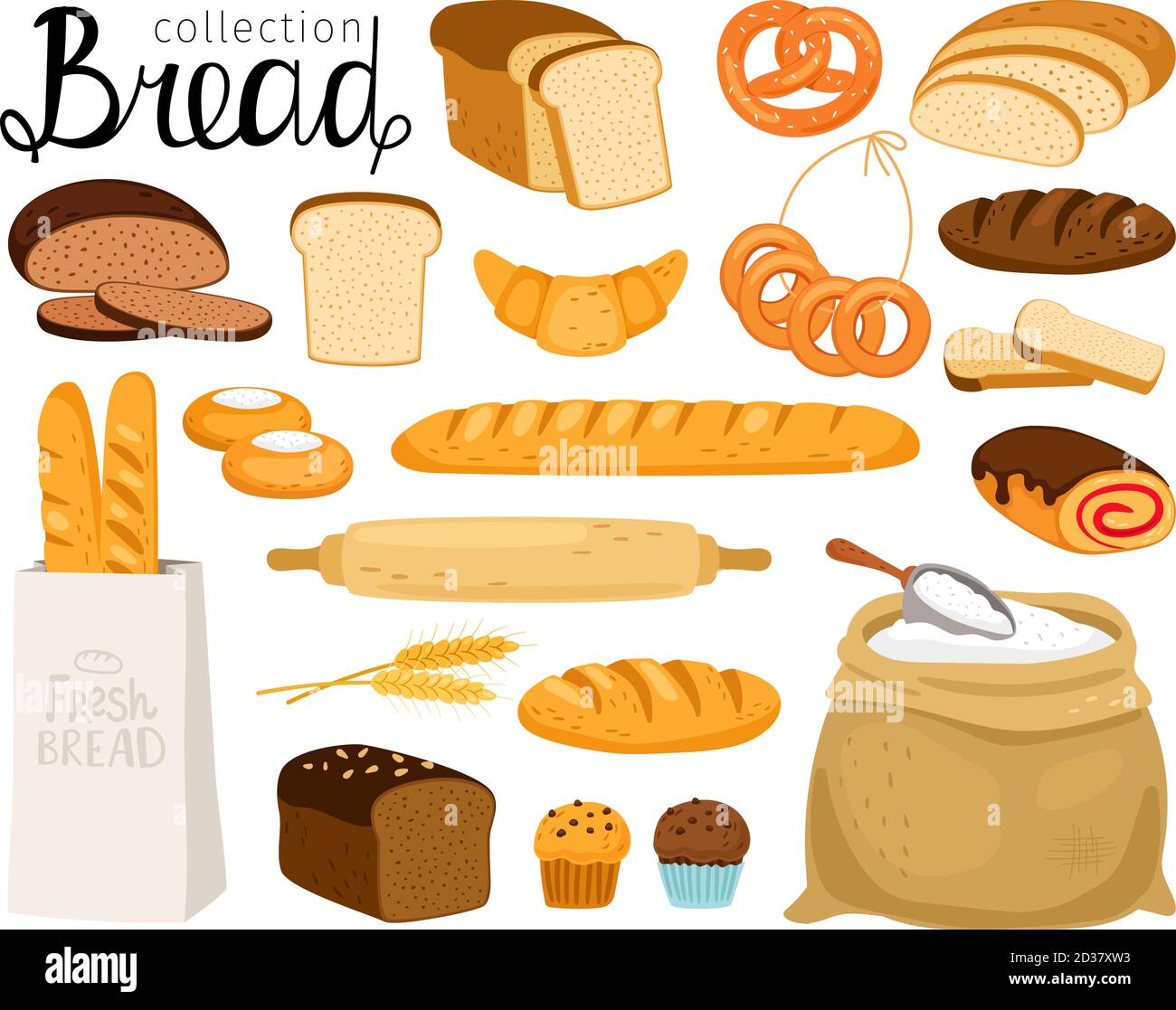 Vector bread collection. Cuisine cartoon bakery food, bagel and ...