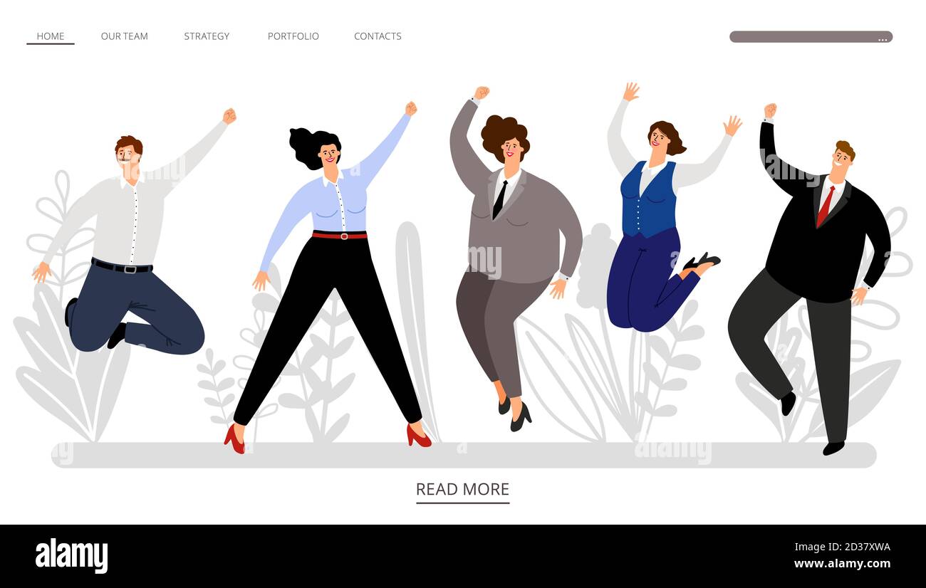Happy business team web page. Vector jumping people. Successful start ...