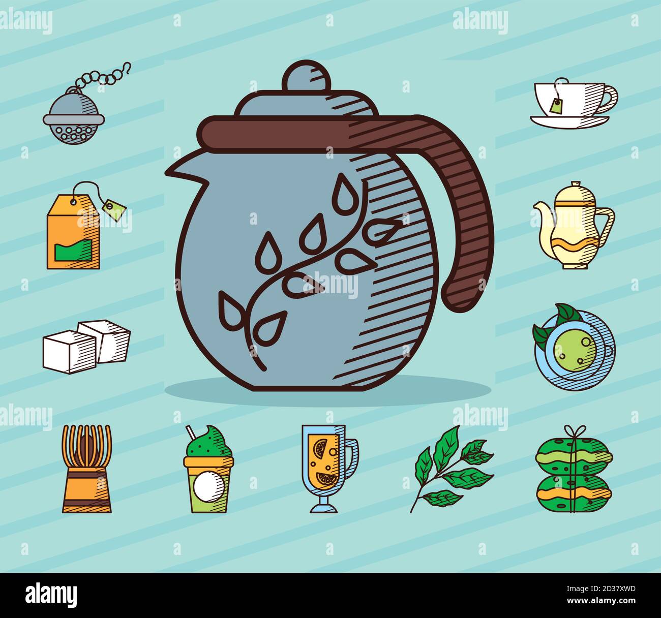 tea tools and tea icon set over blue background, hand draw style ...