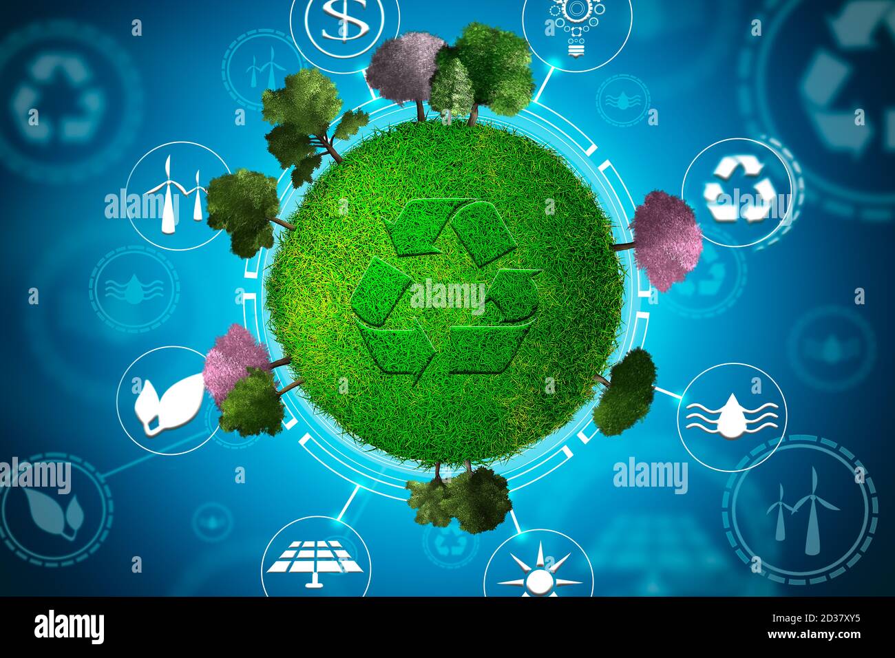 Ball of the world with recycling symbol and trees for clean and ...