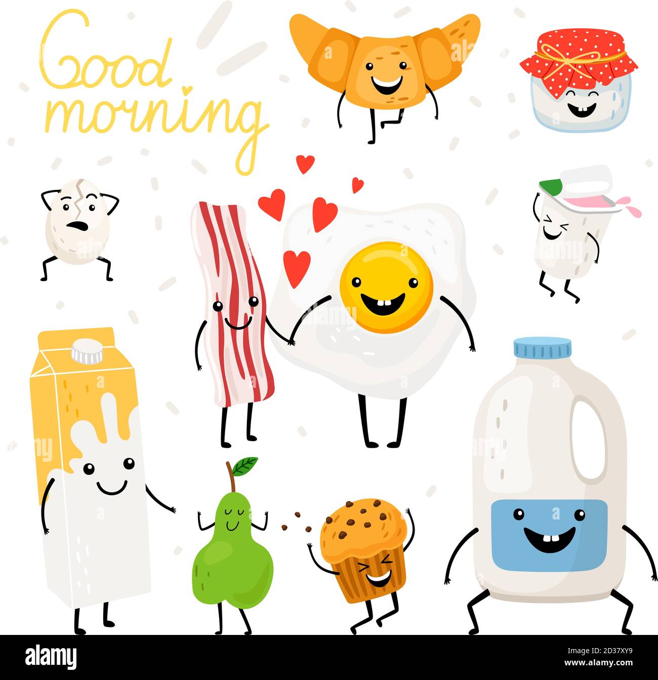 Breakfast food items, happy smiling cartoon diary products, bread amd ...