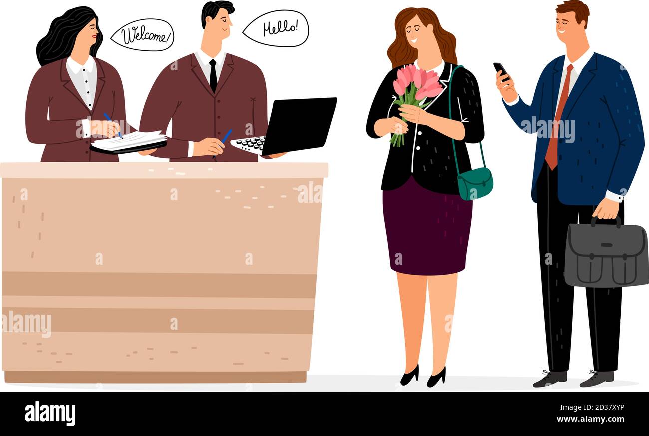 Reception in hotel. People doing check in. Vector receptionist man ...