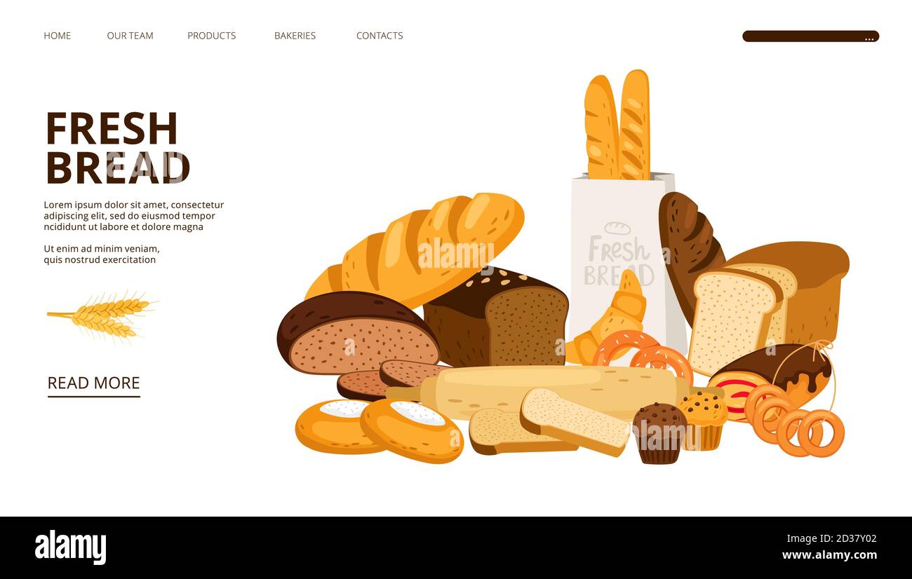 Bakery landing page. Fresh bread web page template. Vector bread and ...