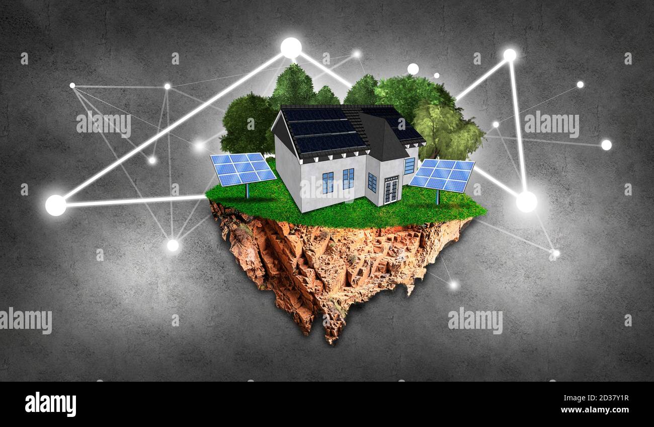 Island with house with solar panels and trees, grass as renewable ...