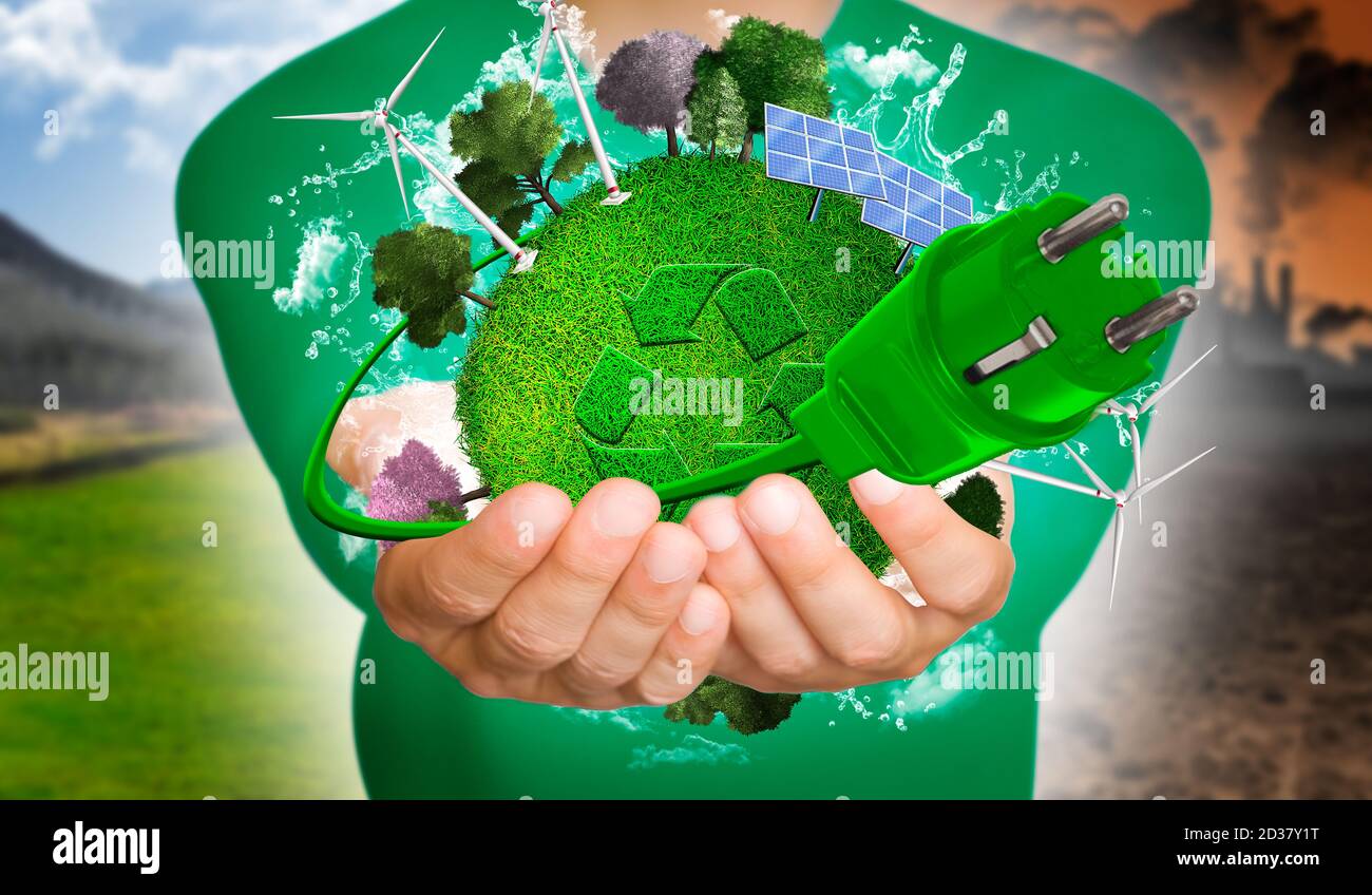 Man with ball of the green world in hand with solar panels, wind fans ...