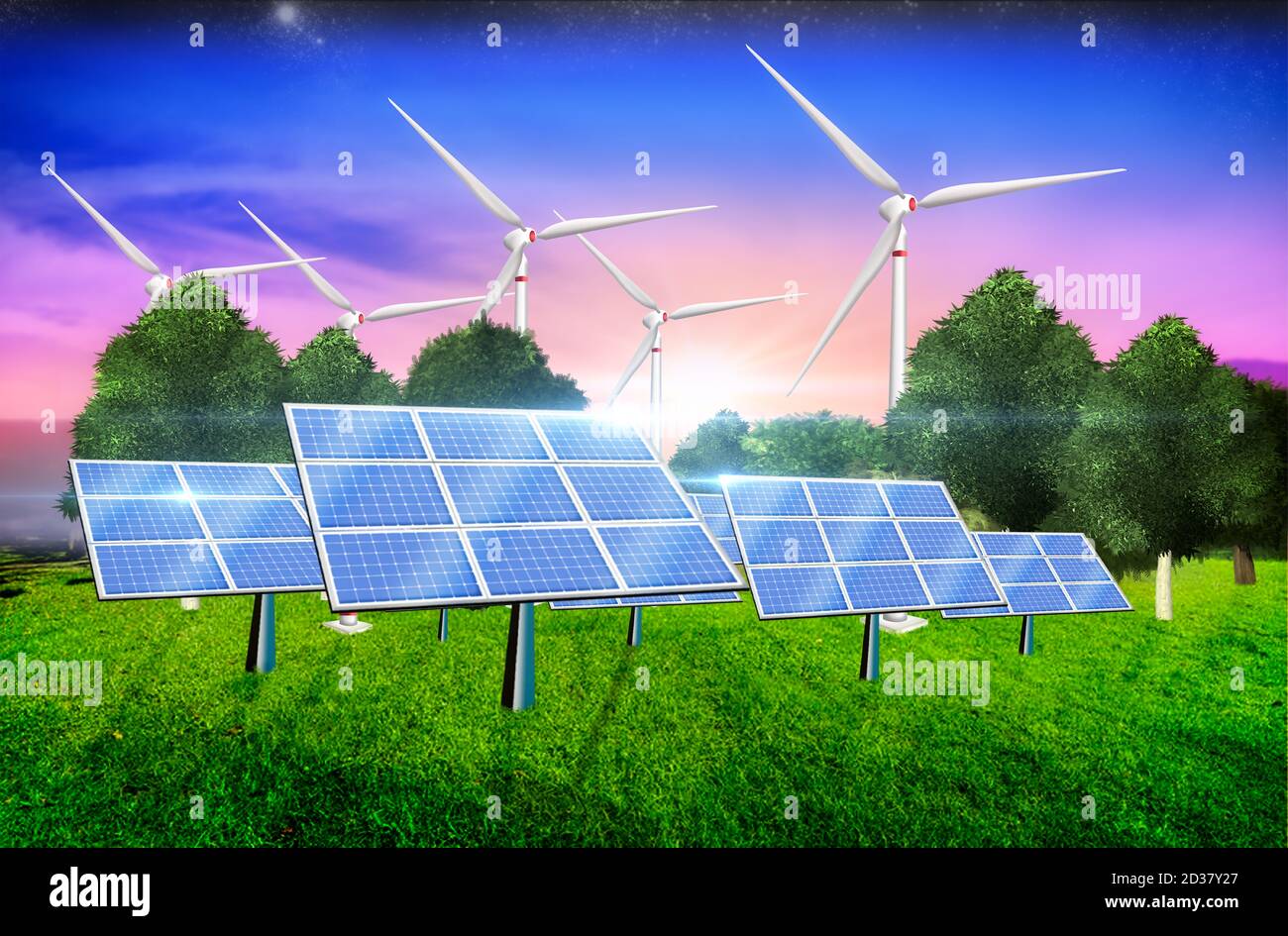 Landscape illustration with solar panels and windmil as a concept of ...