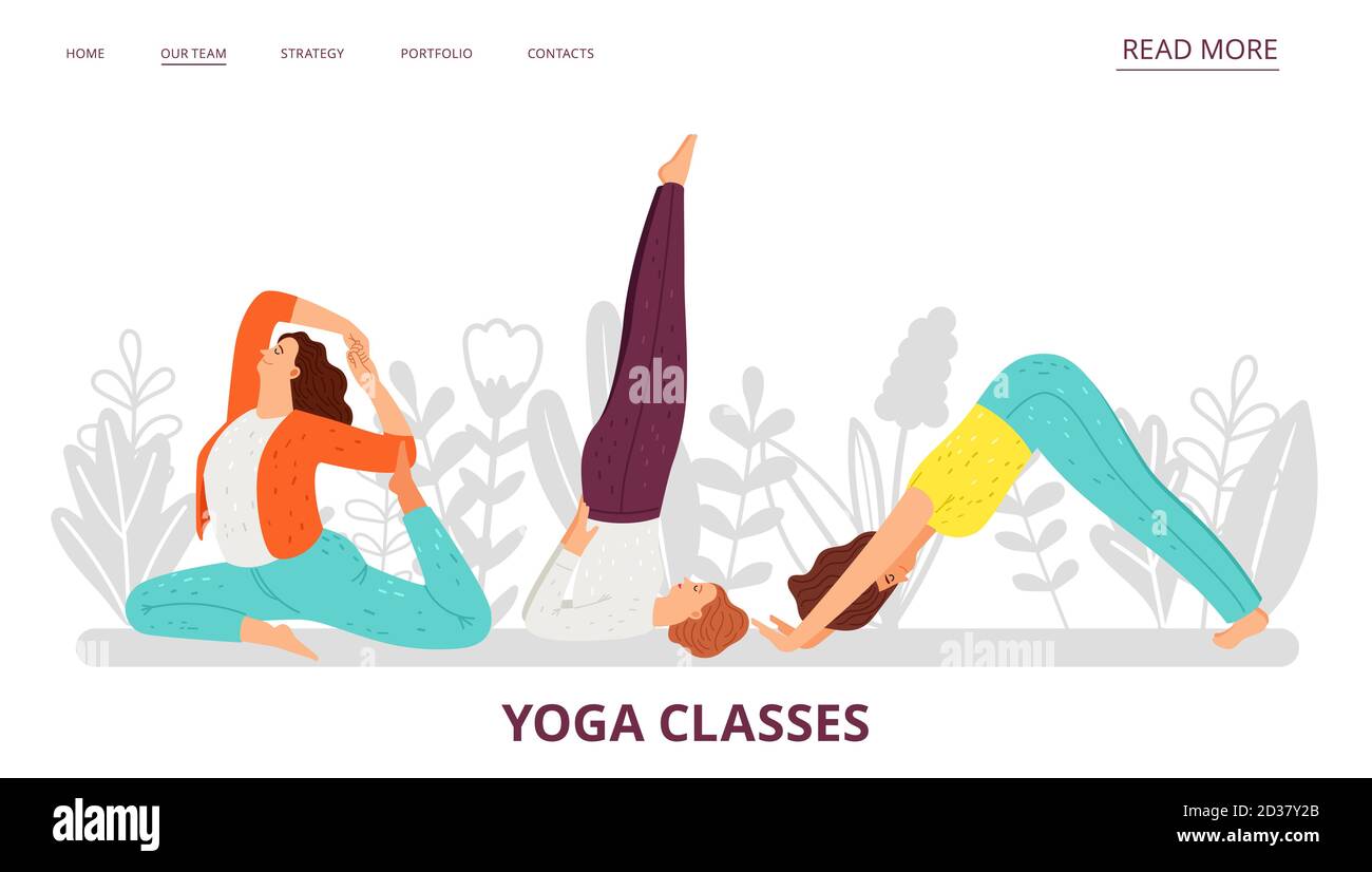 Yoga classes landing page. Women doing yoga exercises. Vector sport ...