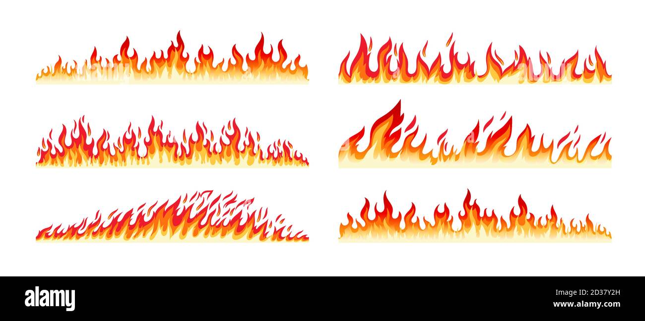 Fire borders on white. Cartoon flame banner border elements, orange ...