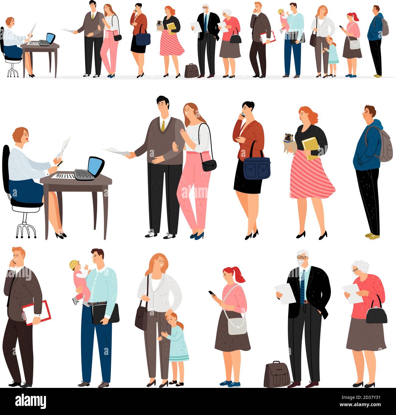 Long queue. Line of waiting people with children on reception or ...