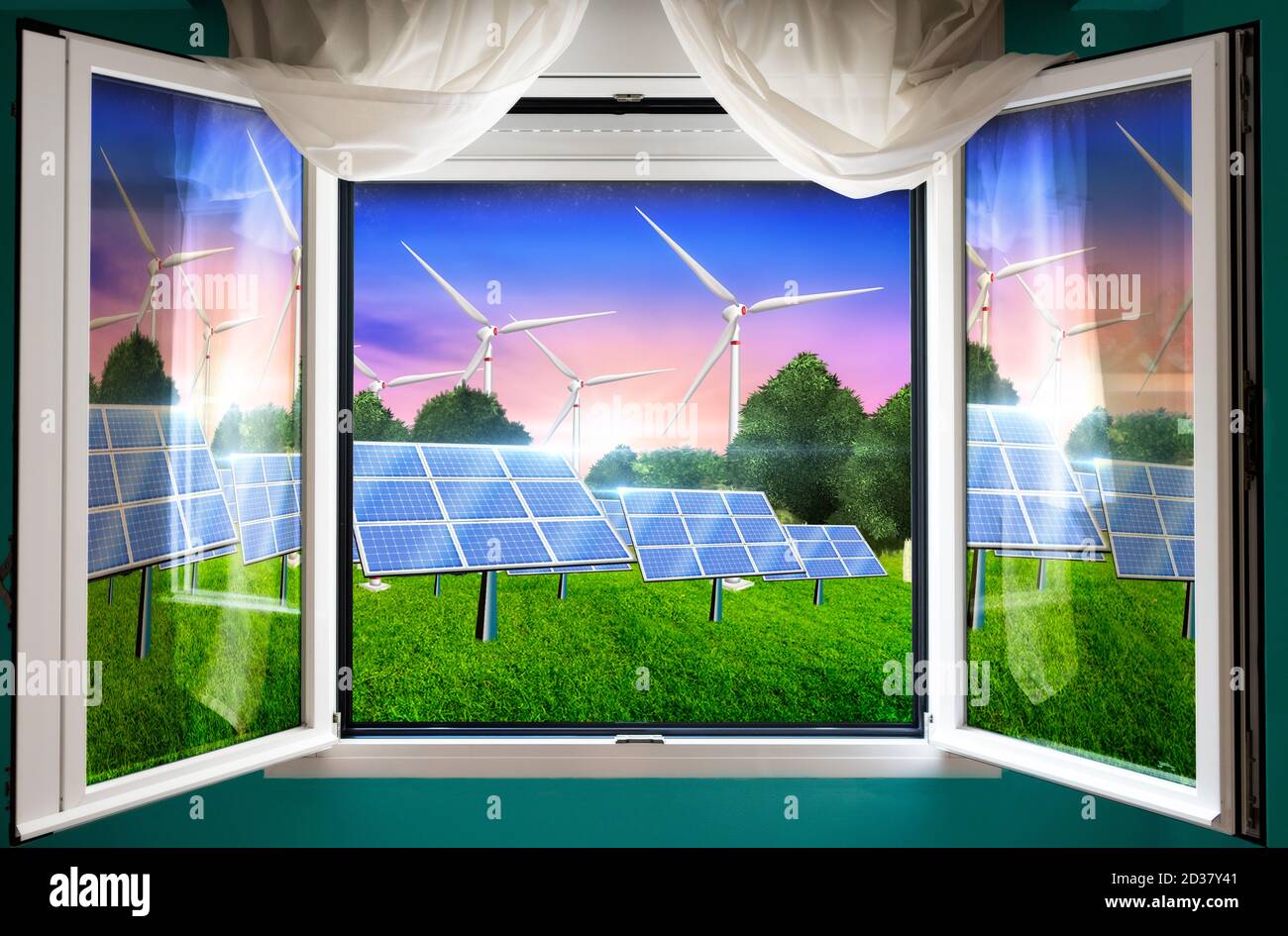 Window open to a world with clean and renewable energy. 3D rendering ...