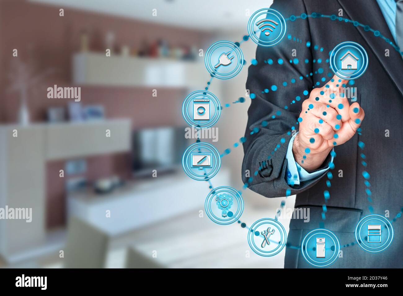 Business man playing a virtual screen controlling the Internet of ...