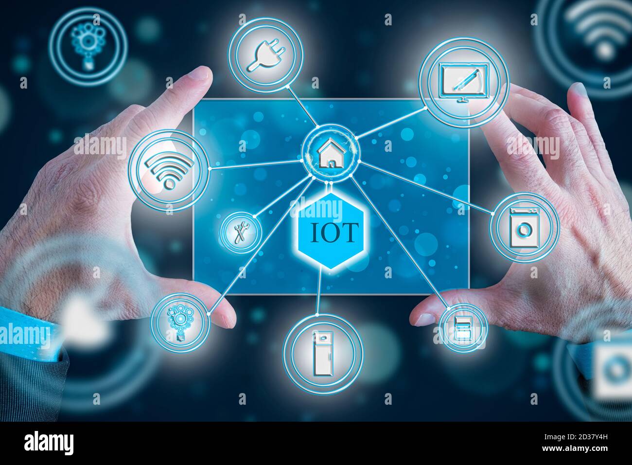 Business man playing a virtual screen controlling the Internet of ...