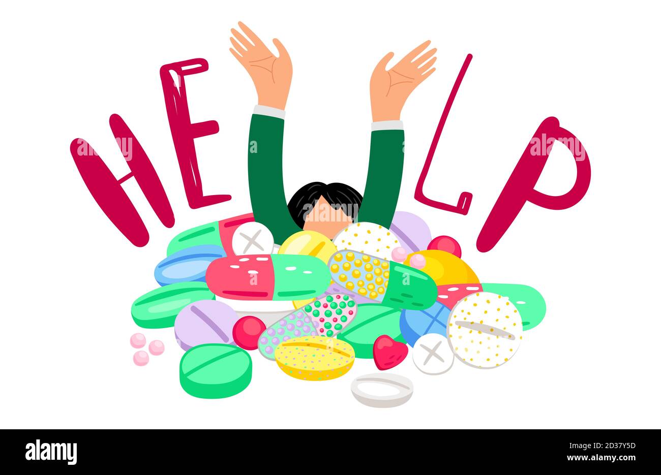 Drugs addiction. Girl drowns in pills and asks for help illustration ...
