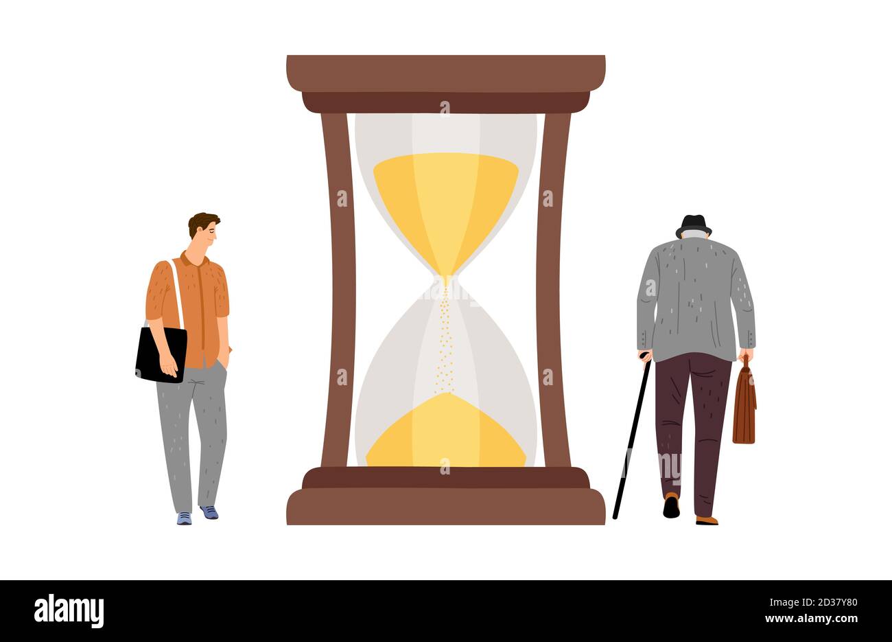 Lifetime concept. Young boy, elderly man and hourglasses. Transience of ...