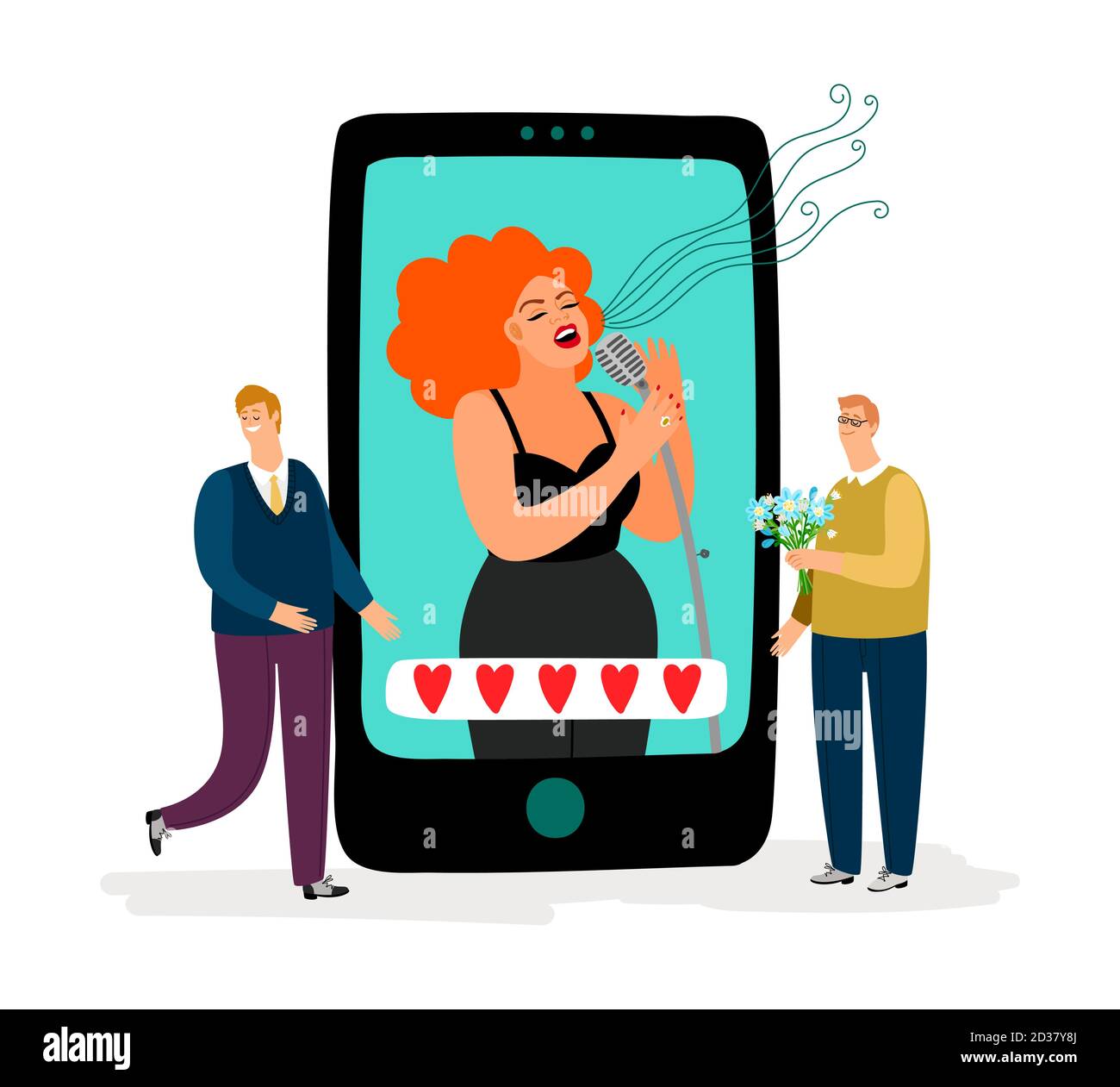 Music app vector illustration. Singer and fans. Online music ...