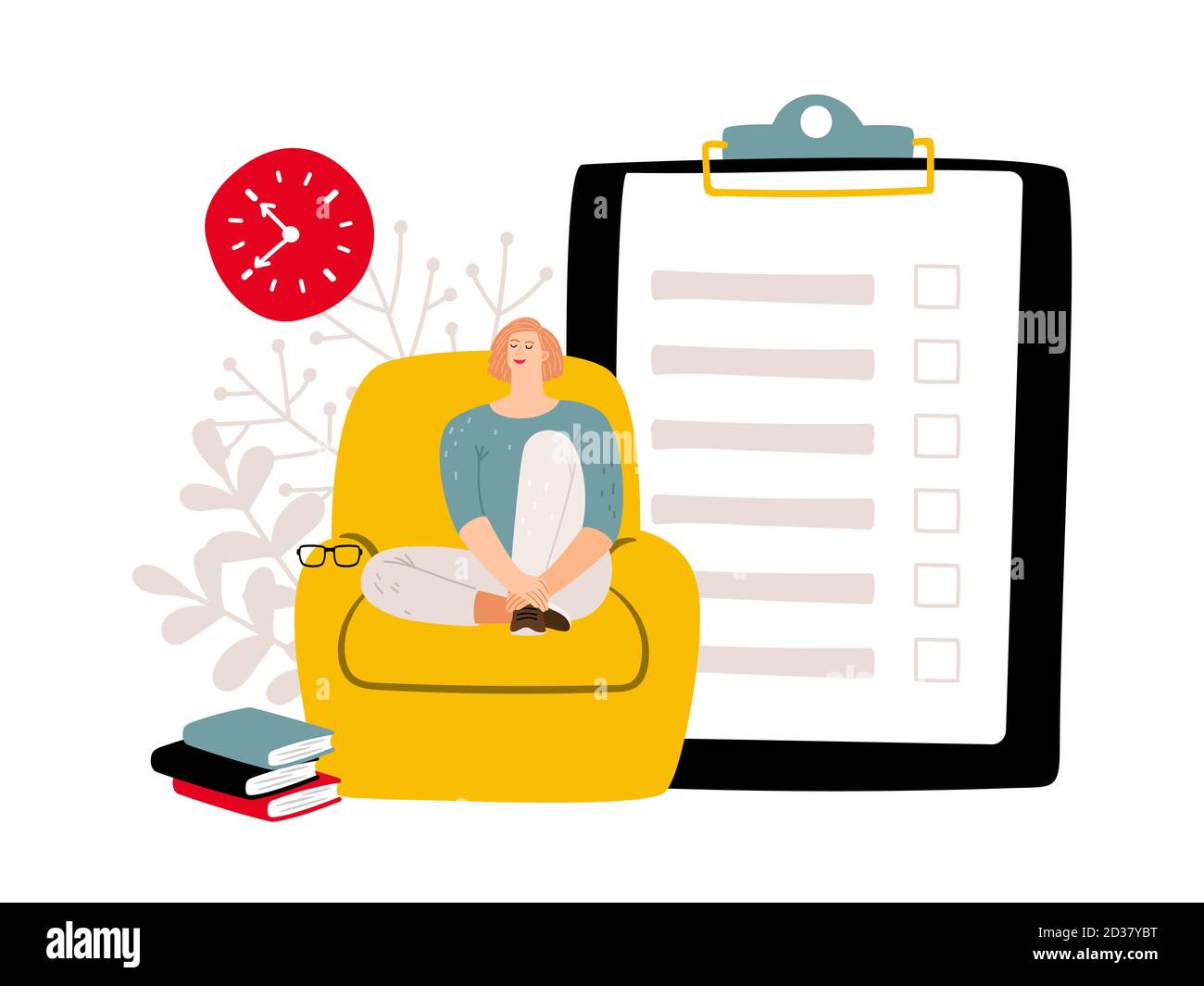 Deadline concept. To do list and relaxed woman. Vector procrastination ...