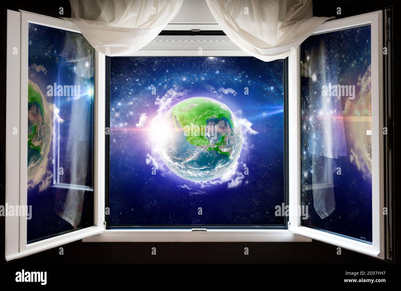 Window open to the universe with a view of planet earth. Star rain view ...