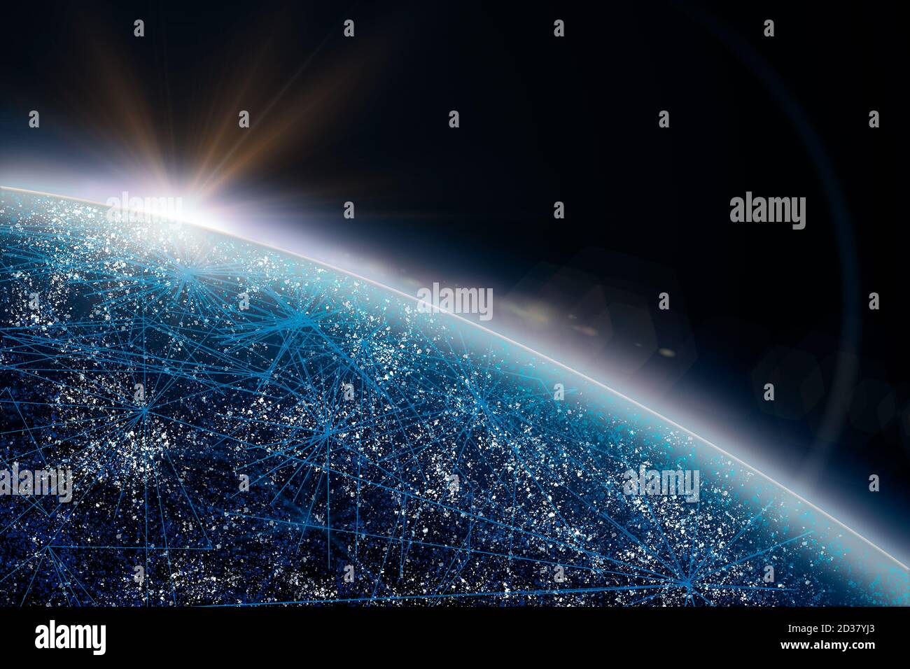 3D illustration. Lines connecting the earth seen from outer space with ...