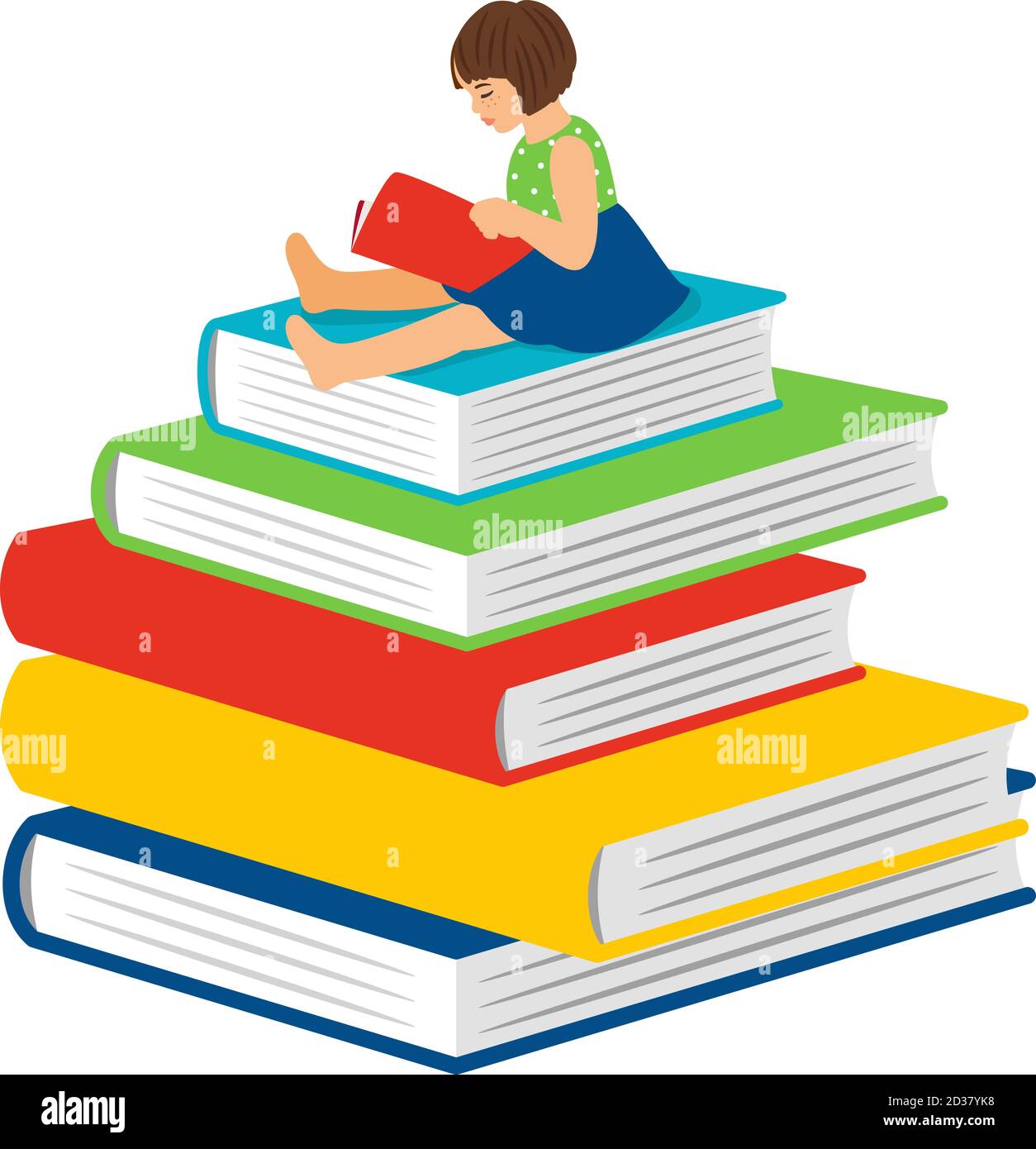 Cartoon reading little girl. Clever happy girl kid sitting on books ...