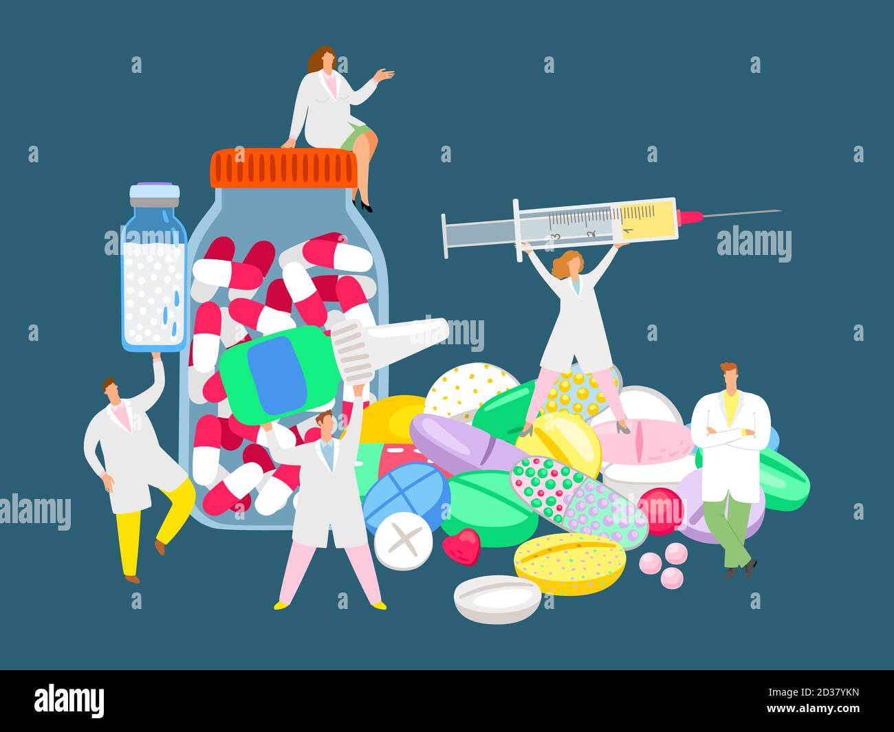 Traditional medicine concept. Cartoon doctors, pills, syringe, drugs ...