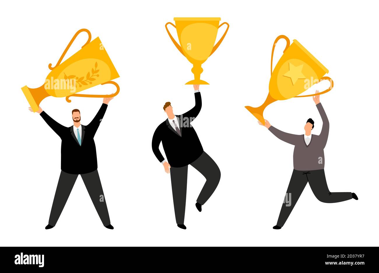 Men winners. Vector businessmen flat characters with golden cups ...