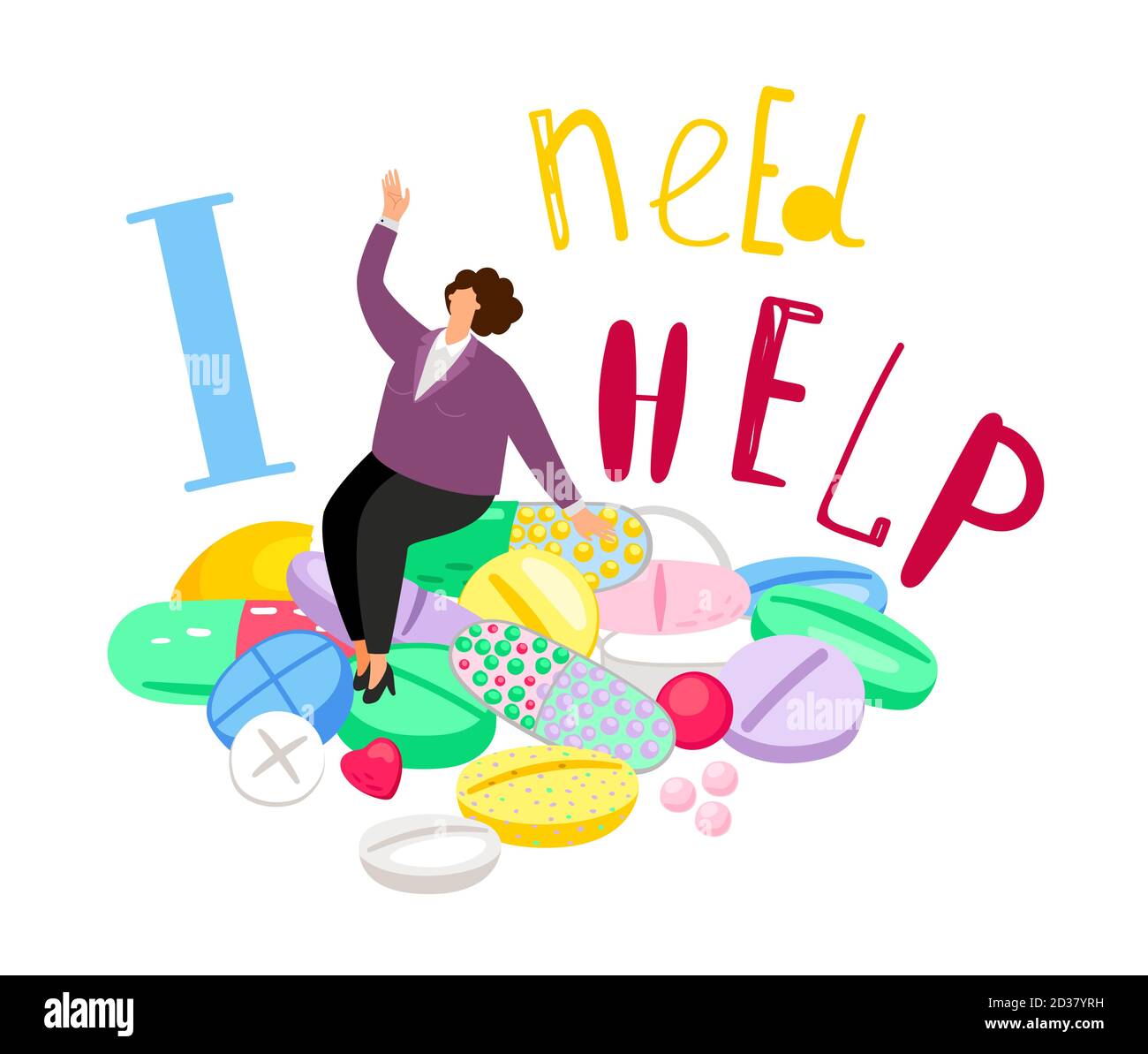 Drug addiction concept. Woman sitting on mountain of pills. Medicine ...