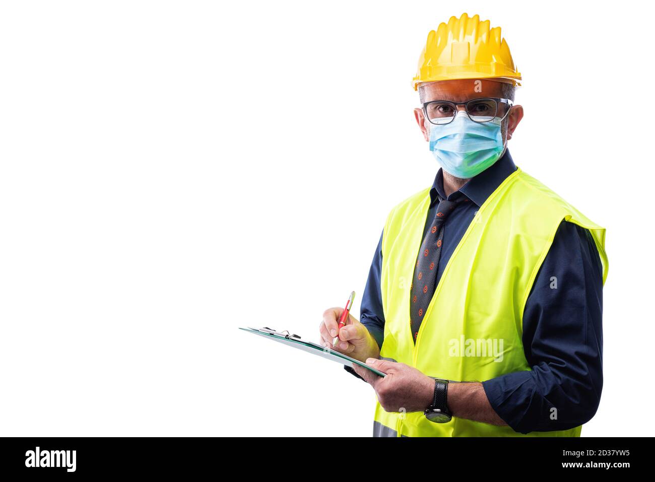 Engineer isolated on white background wears surgical mask to prevent ...