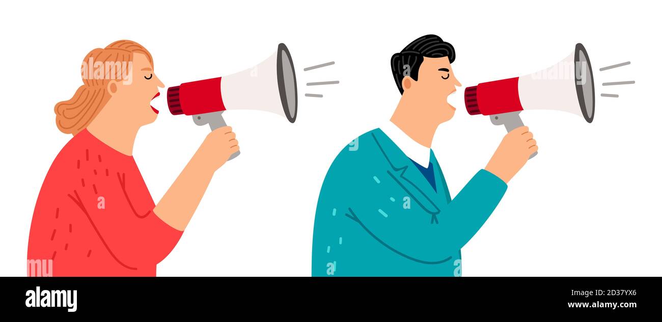 People with megaphone. Social media marketing, promoters vector ...