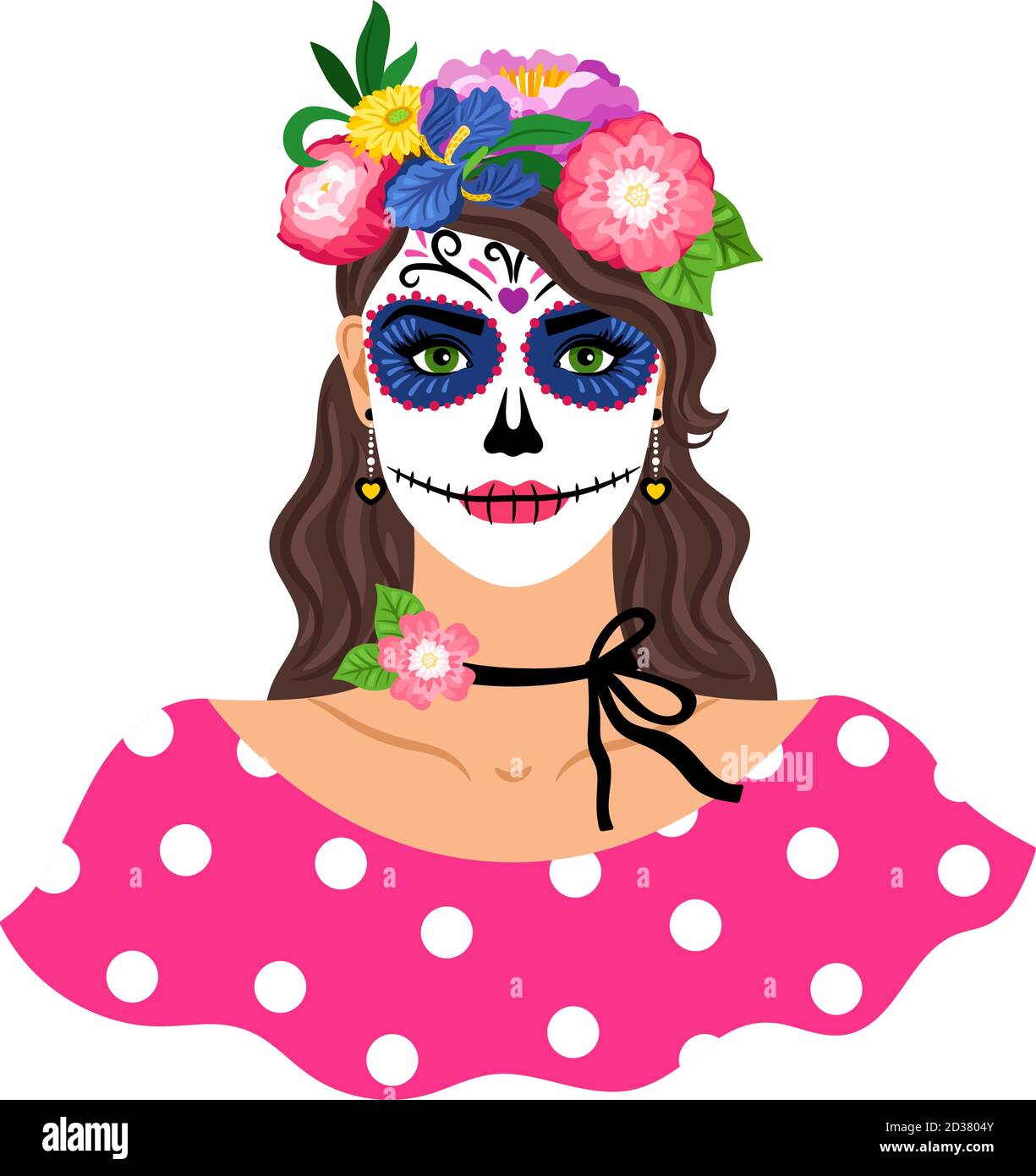 Woman with sugar skull make up vector illustration. Girl with flowers ...