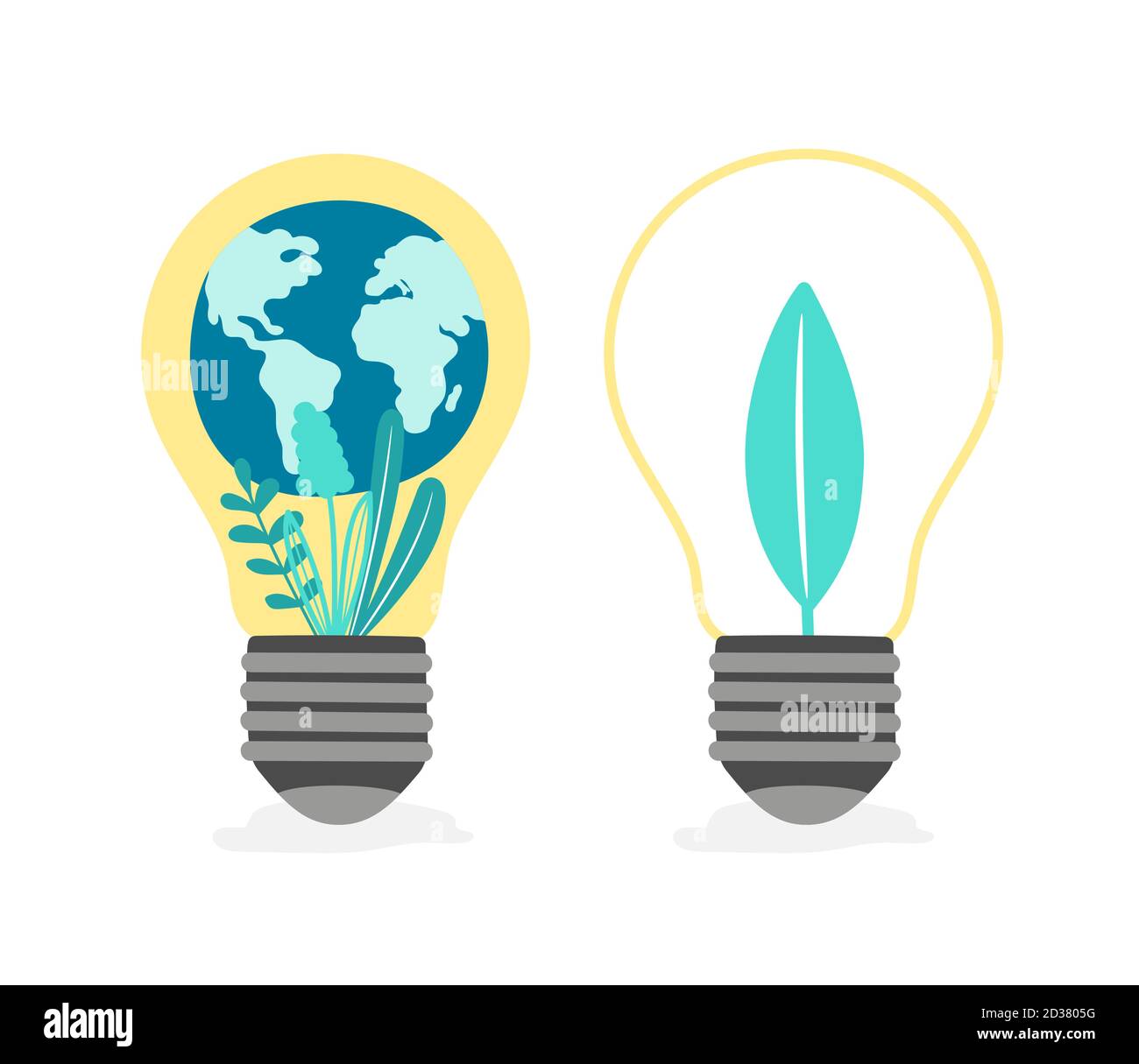 Save energy concept. Lamps with Earth and plants. Flat vector energy ...
